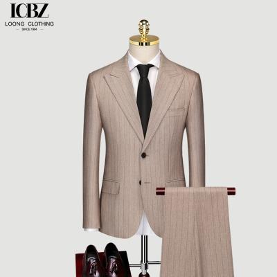 China Custom Men Business Casual Suit Brown Striped Slim Fit Mandarin Collar S-3XL for sale