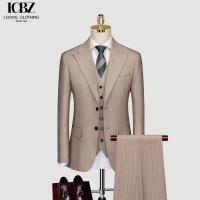China Custom Men Business Casual Suit Brown Striped Slim Fit Mandarin Collar S-3XL for sale