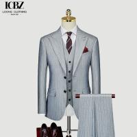 China Custom Men Business Casual Suit Brown Striped Slim Fit Mandarin Collar S-3XL for sale