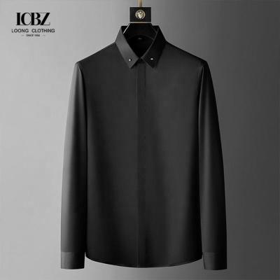 China Plain Dyed Men's Long Sleeve Formal Shirt with Stand Collar and Solid Colour Cotton for sale