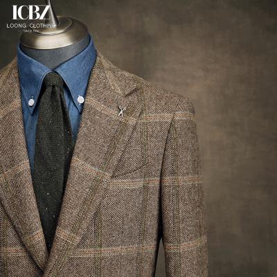 China Custom Men Business Suit Blazer Brown Plaid Slim Fit Wool Blend S M L XL 2XL 3XL for sale