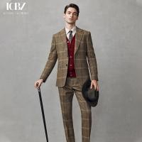 China Custom Men Business Suit Blazer Brown Plaid Slim Fit Wool Blend S M L XL 2XL 3XL for sale