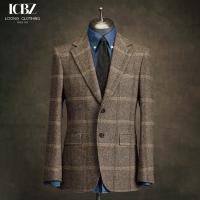 China Custom Men Business Suit Blazer Brown Plaid Slim Fit Wool Blend S M L XL 2XL 3XL for sale