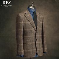 China Custom Men Business Suit Blazer Brown Plaid Slim Fit Wool Blend S M L XL 2XL 3XL for sale