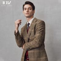 China Custom Men Business Suit Blazer Brown Plaid Slim Fit Wool Blend S M L XL 2XL 3XL for sale