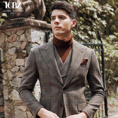 China Custom Brown Plaid Wool Suit for Men Formal Business Three Piece Suit Sizes S to 3XL for sale