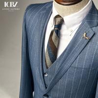 China Custom Blue Striped Woven Men Suit for Wedding Groom Custom Logo Sizes S to 3XL for sale