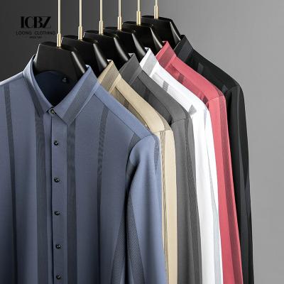 China Custom Logo Striped Silk Men's Dress Shirt Covered Button Closure Sizes S-10XL for sale
