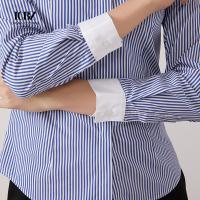 China Work Office Formal Navy 100% Cotton Strip Button Down Shirts Custom Contrast Color for sale