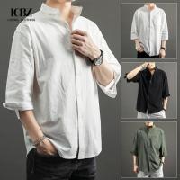 China Solid Pattern Formal Men's Shirt Long-Sleeved Cotton Linen Chinese Style Loose Coat for sale