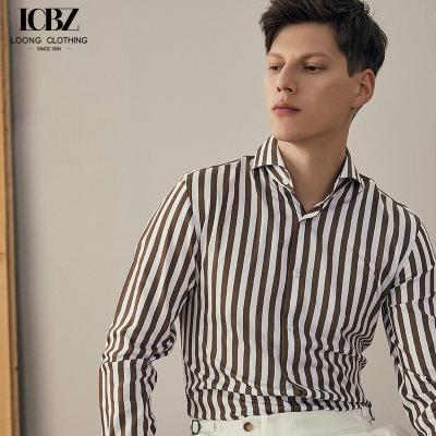 China Men's Business Formal Brown Striped Long Sleeve Shirt Single Breasted Sizes S to 10XL for sale
