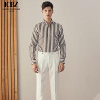 China Men's Business Formal Brown Striped Long Sleeve Shirt Single Breasted Sizes S to 10XL for sale