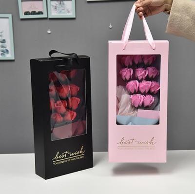 China Custom Gold Stamping Logo Flowers Display Gift Box with PVC Window and Ribbon Handle for sale