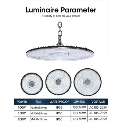 China LED UFO High Bay Light 100W 150W 200W Industrial Warehouse Garage Canopy Lighting 6500K IP65 Dimmable for sale