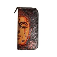 China Buddha Demon Handmade Vegetable Tanned Cowhide Carved Japanese Wallet Genuine Leather Long Zipper One Thought Handheld Wallet Clip for sale