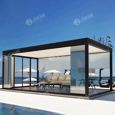 China Patented Fully Sealed Aluminum Louvered Pergola Motorized 180x43mm Blade 150x150mm Post for sale