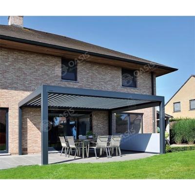 China Wall Mounted Aluminum Pergola with Power Louvers 4000x5000mm - Motorized Outdoor Roof System with 10-Year Warranty for sale