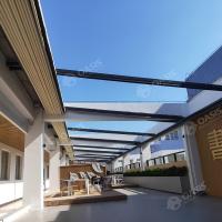 China Remote Control Aluminum Retractable Fabric Pergola - 12M Width, Class 6 Wind Resistance, 110V/220V Motor for sale
