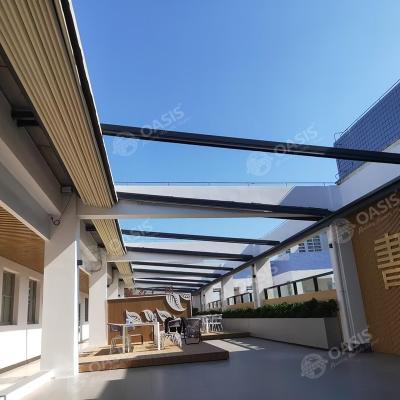 China Remote Control Aluminum Retractable Fabric Pergola - 12M Width, Class 6 Wind Resistance, 110V/220V Motor for sale