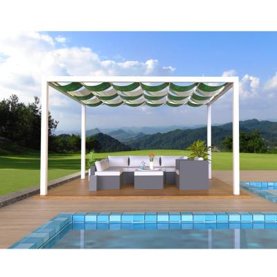 China Anti-UV Segmented Wavy Telescopic Sunshade Rain Canopy with 100x100 Aluminum Frame and Electric Control for sale