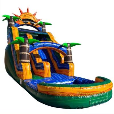 China Green Palm Tree Jumping Bouncer Marble Tropical Waterslide Combo Bounce House with Pool for sale