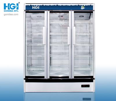 China 1100L Upright Showcase Cooler Vertical Glass 3 Sliding Door Fridge Manual Defrost for sale