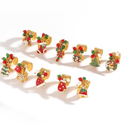China Fashion Popular Stainless Steel Enamel Christmas Tree Stocking Reindeer Snowflake Jewelry Rings 18k Gold Plated Adjustable Ring for sale