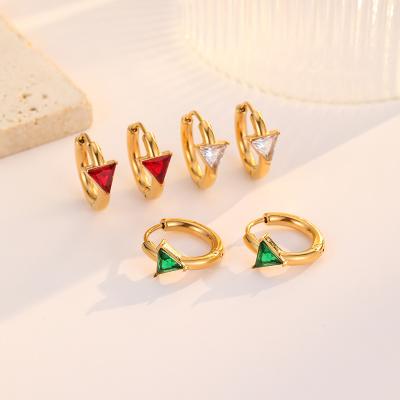 China Stainless Steel Triangular Red and Green Transparent Zircon PVD 18K Gold Hoop Earrings for Women Jewelry Earrings for sale