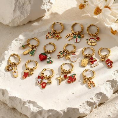China Stainless Steel 18K Gold Plated Christmas Series Design Hoop Earring Cute Santa Claus Christmas Tree Charms Jewelry Earrings for sale