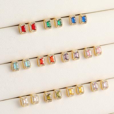 China Fashion 14K Gold-Plated Zircon Earrings Square Zircon Studs 925 Silver Needle Anti Allergic Earring for sale