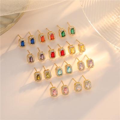 China Fashion 14K Gold-Plated Zircon Earrings Square Zircon Studs 925 Silver Needle Anti Allergic Earring for sale