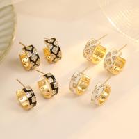 China Hot Selling Fashion White Black Enamel Zircon Flower Earring Half Circle C Shaped Silver Needle Women's Clover Studs Earrings for sale