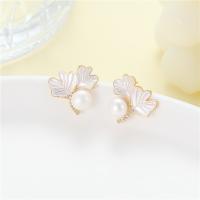 China Fashion Maple Leaf Pearl Earring 14K Gold Plated Flower Studs 925 Silver Needle Hypoallergenic Butterfly Earrings for sale