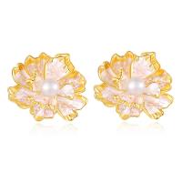 China Fashion Maple Leaf Pearl Earring 14K Gold Plated Flower Studs 925 Silver Needle Hypoallergenic Butterfly Earrings for sale