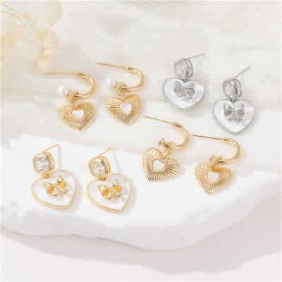 China Wholesale 14K Gold Plated Earrings Cute Zircon Heart Shape Shell Earring Bow Pearl Women's Earring Accessories for sale