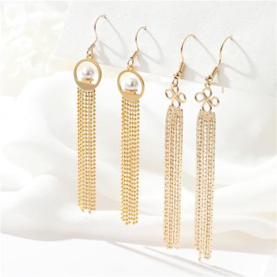 China Korean Jewelry Hypoallergenic Classy Bow Pearl Bead Chain Tassel Drop Dangle Earrings Women Wholesale for sale