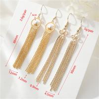 China Korean Jewelry Hypoallergenic Classy Bow Pearl Bead Chain Tassel Drop Dangle Earrings Women Wholesale for sale