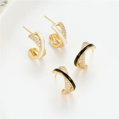 China Jiexing Wholesale Trendy Drop Oil CZ Design X-shape Stud Earring Enamel White Black Color Jewelry Accessory for Women for sale