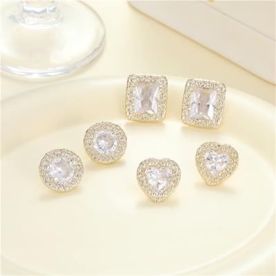 China Wholesale 14K Gold Plated Brass Earring Trendy Inlaid Zircon Heart Square Round Shape Stud Earrings for Women for sale