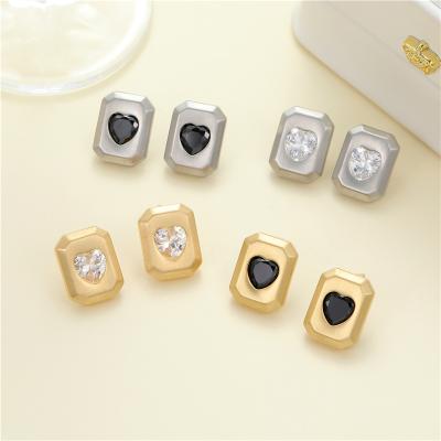 China Wholesale Korean Style Trendy Brushed Effect Brass Square Heart CZ Stud Earrings High Quality Gold Silver Plating for Women for sale