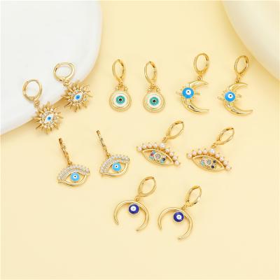 China 14K Gold Enamel Evil Eye Vintage Pearl Sun Moon Micropaved Zircon Statement Huggie Hoop Earrings Jewelry for sale
