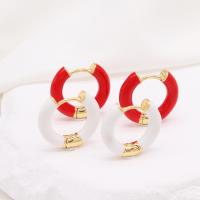 China New Colorful Enamel Fashion Jewelry Earrings Holiday Style Brass 18K Gold Plated Red and White Enamel Women's Hoop Earring for sale