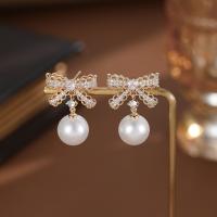 China Wholesale Micro Insert Zircon Bowknot Pearl Brass 14K Real Gold Fashion Korean Silver Needle Earrings Women Jewelry for sale