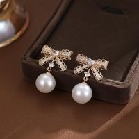 China Wholesale Micro Insert Zircon Bowknot Pearl Brass 14K Real Gold Fashion Korean Silver Needle Earrings Women Jewelry for sale