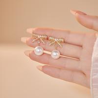 China Wholesale Micro Insert Zircon Bowknot Pearl Brass 14K Real Gold Fashion Korean Silver Needle Earrings Women Jewelry for sale