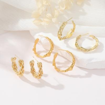 China Popular Silver Needle Fashion C Ring Earring Vintage Old Gold Folded Irregular Women's Jewelry Earrings for sale