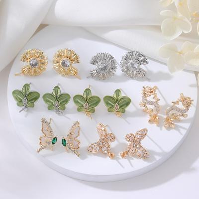 China Brass 14K Gold Plated 925 Silver Needle Zircon Dragon Flower Butterfly Enamel Leaf DIY Jewelry Earrings Accessories for sale