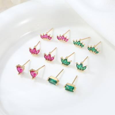 China Custom 14K Gold Plated Brass Mini Cubic Zirconia Red Heart Stone Diamond Stud Earrings Jewellery Wholesale for Women for sale