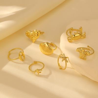 China Fashion New Design Brass Plated 14K Gold Ocean Series Adjustable Ring Starfish Crab Turtle Conch Open Ring for sale