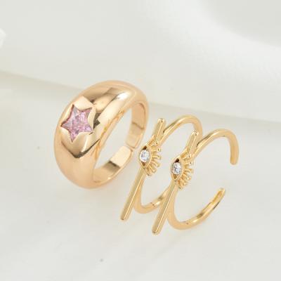 China Trendy New Design Women 14K Gold Plated Smooth Chunky Pink Star Cubic Zirconia Diamond Evil Eye Ring for sale